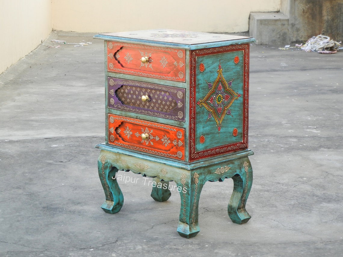 Wooden Indian Bedside Table With 3 Drawers Nightstand Side - Etsy
