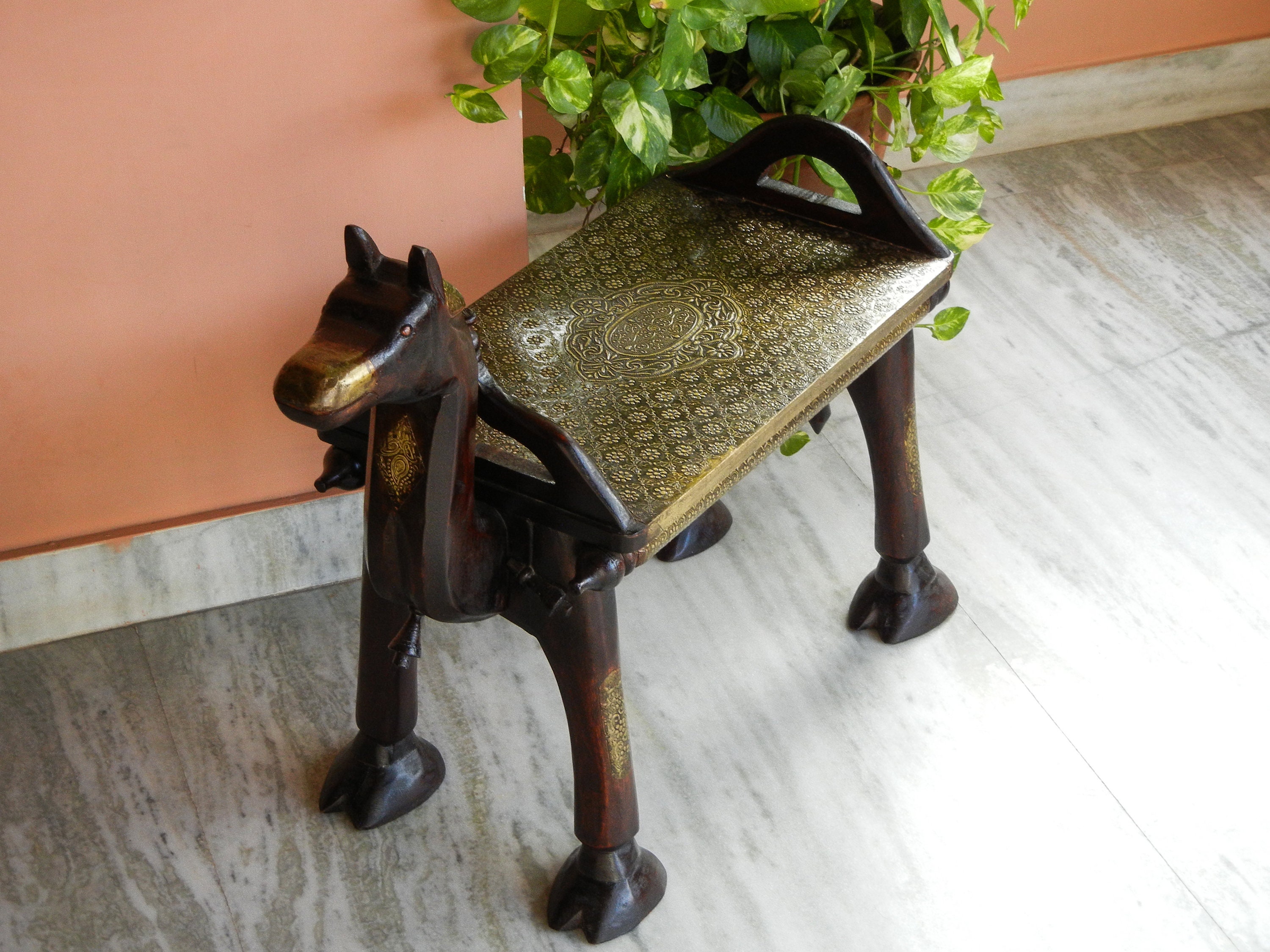Wooden & Brass Camel Bench, Pouffe, Ottoman, Low Seat, Stool, Footstool ...