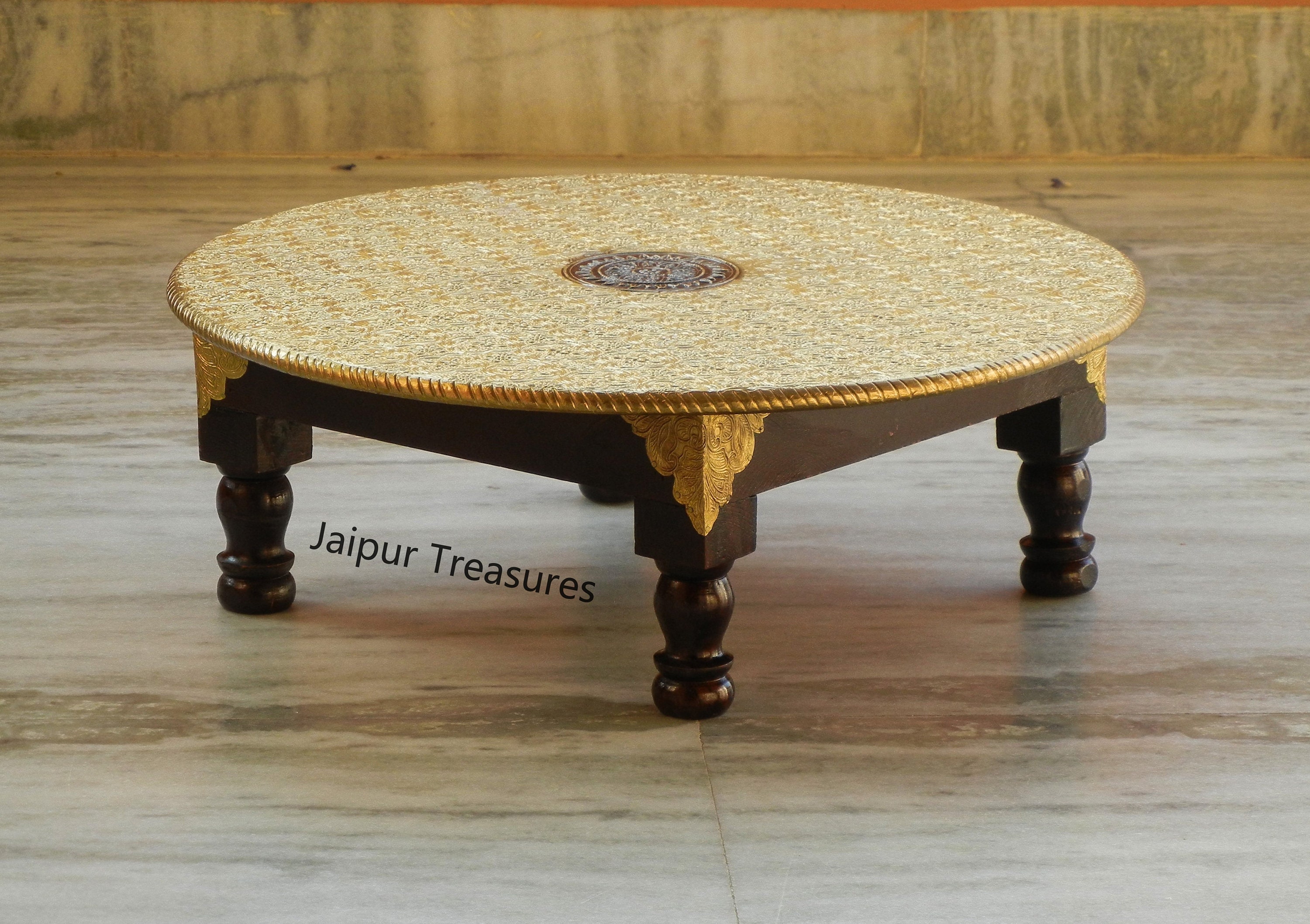 Wooden and Brass Round Chowki Bajot Footstool Table Bed - Etsy