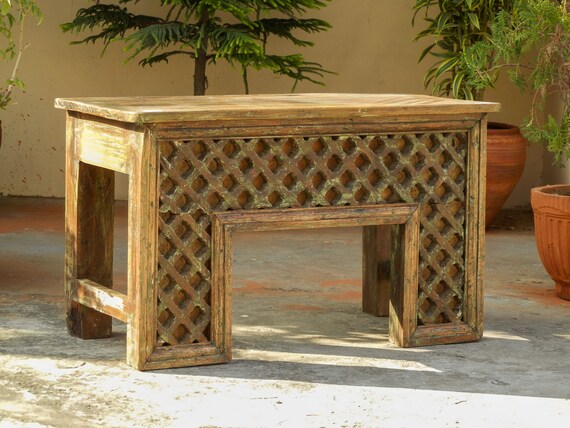 Wooden Distressed Coffee Table Rustic Bench Hand Carved | Etsy