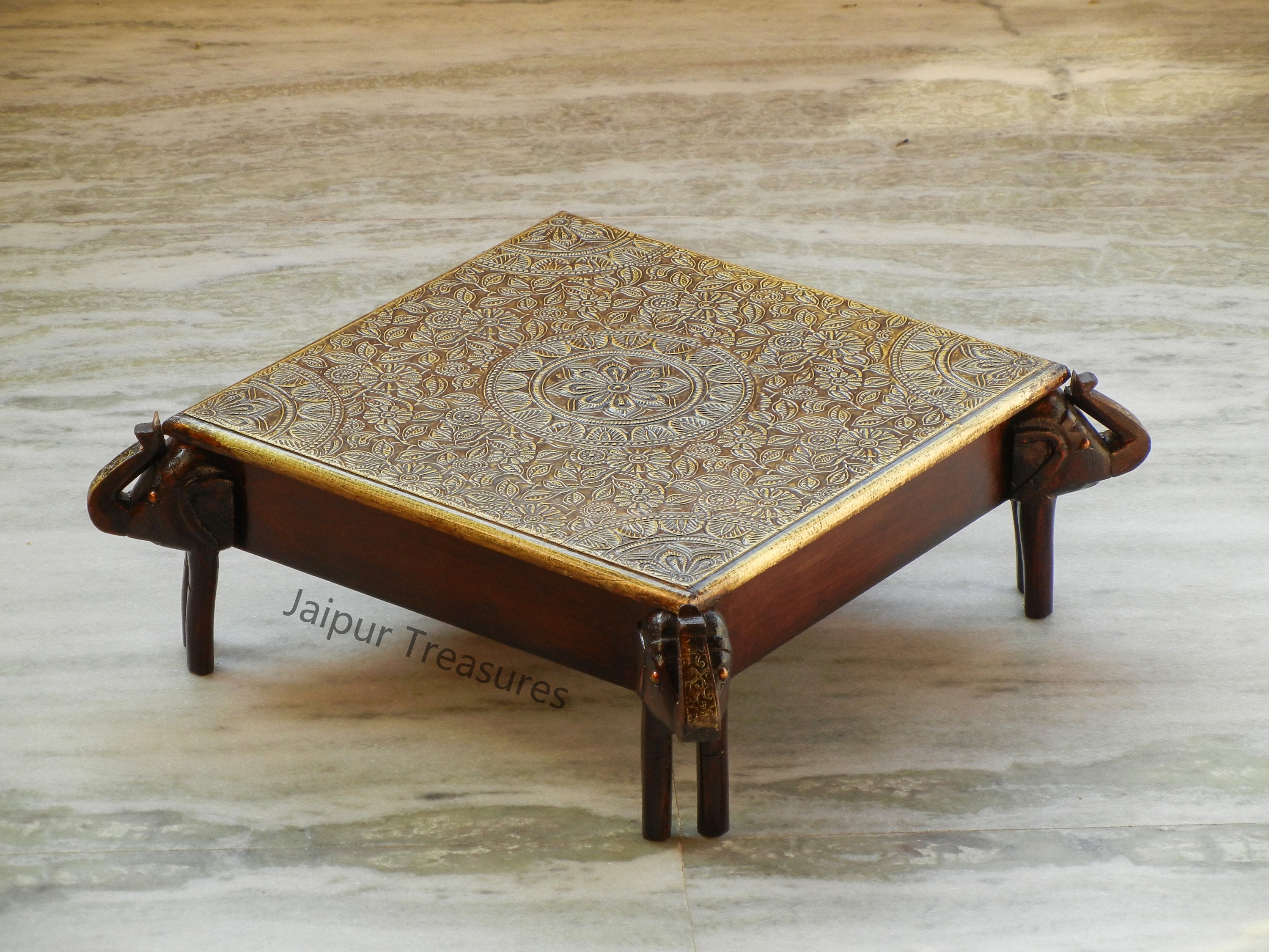 Wooden & Brass Elephant Indian Chowki Low Table Bajot | Etsy