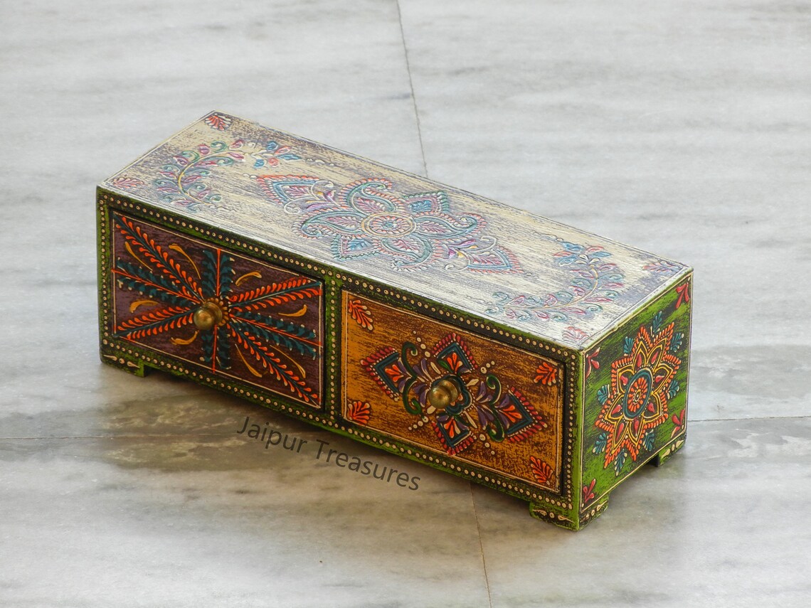 Wooden Desk Organiser, Chest of 2 Drawer, Handmade Hand Painted, Ethnic ...