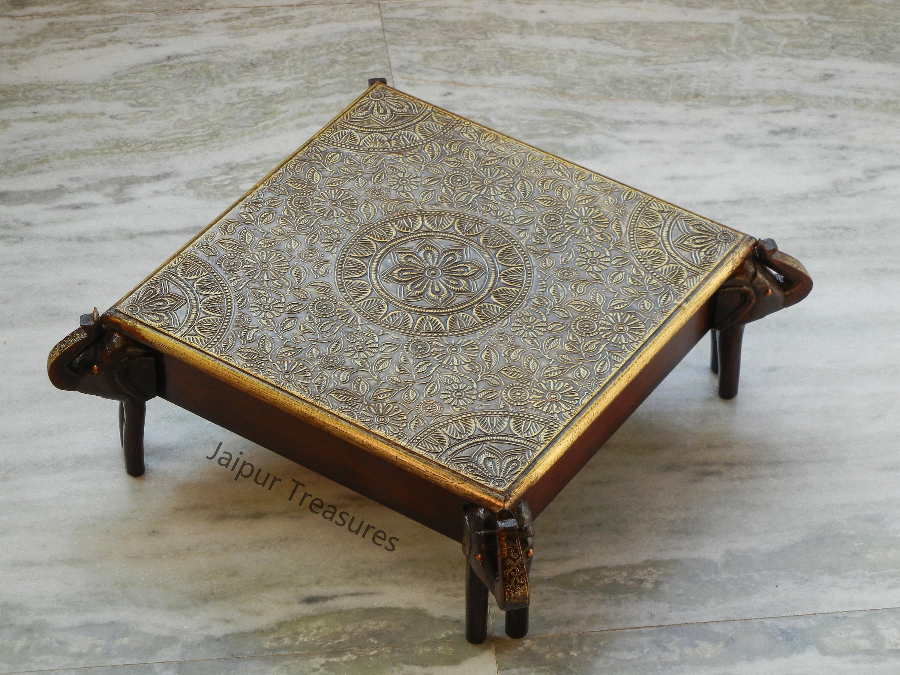 Wooden & Brass Elephant Indian Chowki Low Table Bajot | Etsy