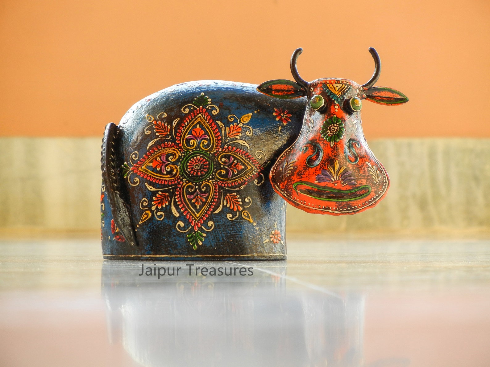 Wooden & Metal Sitting Cow Statue Figure Showpiece Ethnic - Etsy