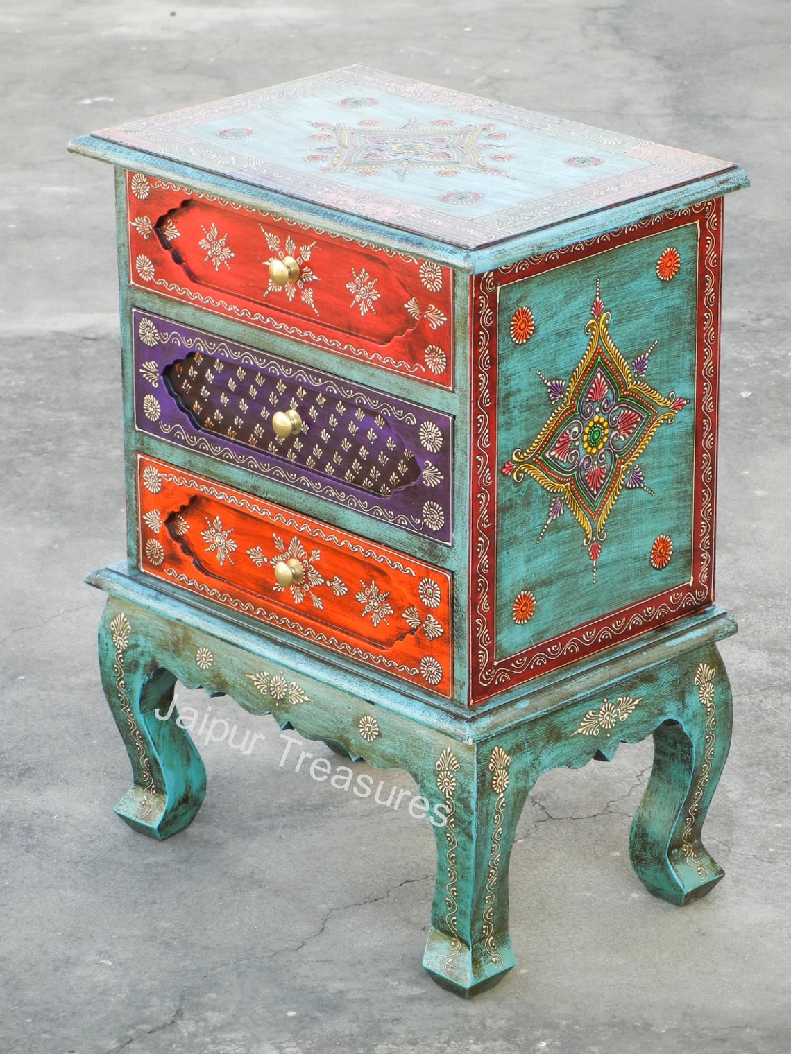 Wooden Indian Bedside Table With 3 Drawers Nightstand Side - Etsy