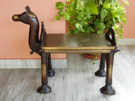 Wooden & Brass Camel Bench Pouffe Ottoman Low Seat Stool - Etsy