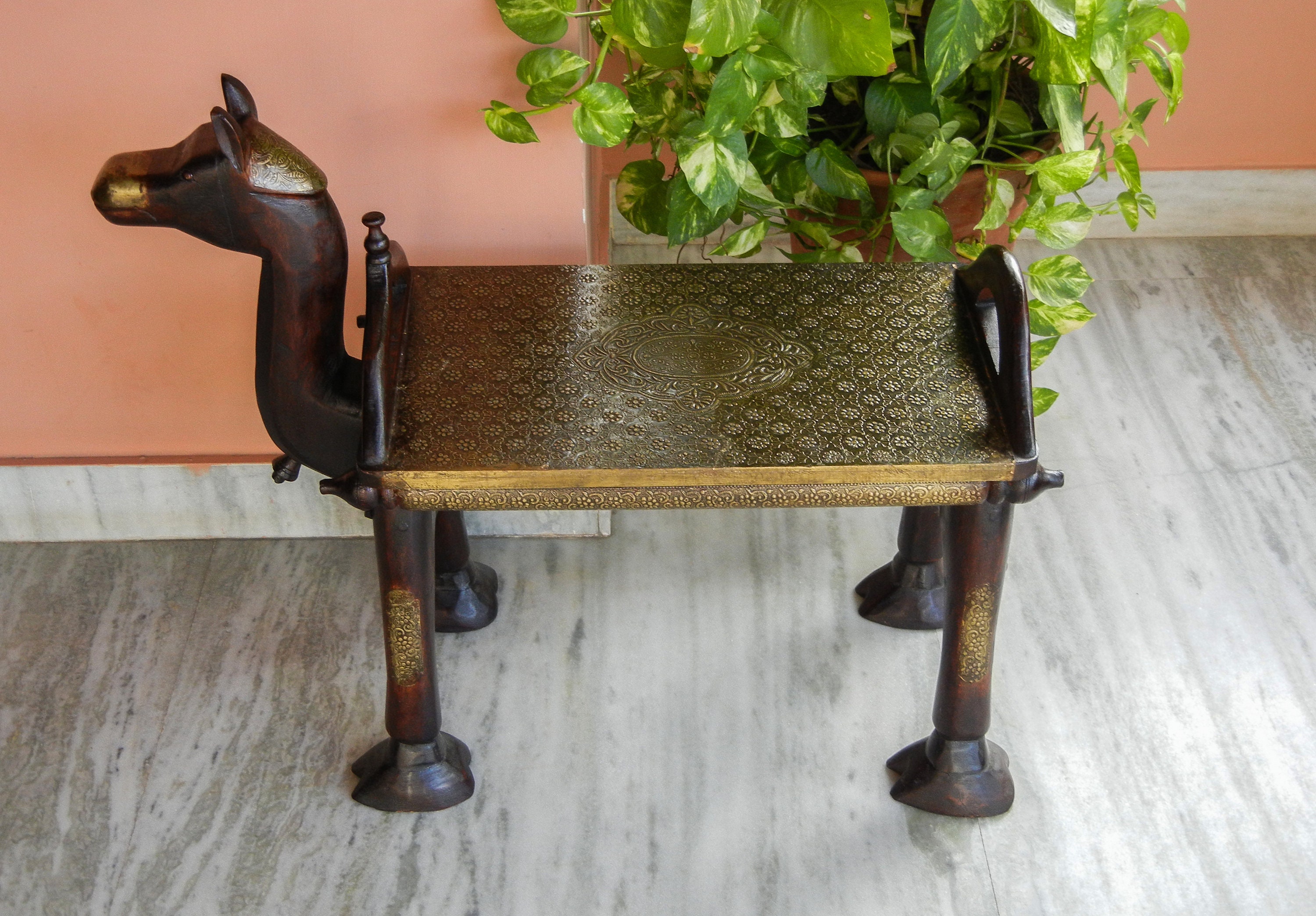 Wooden & Brass Camel Bench, Pouffe, Ottoman, Low Seat, Stool, Footstool ...