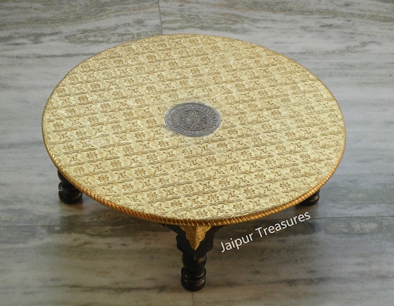 Wooden and Brass Round Chowki Bajot Footstool Table Bed - Etsy