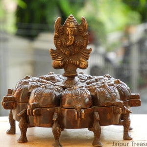 Brass Vintage Style Indian Ganesha Box, 9 Compartment Box, Kumkum Box ...