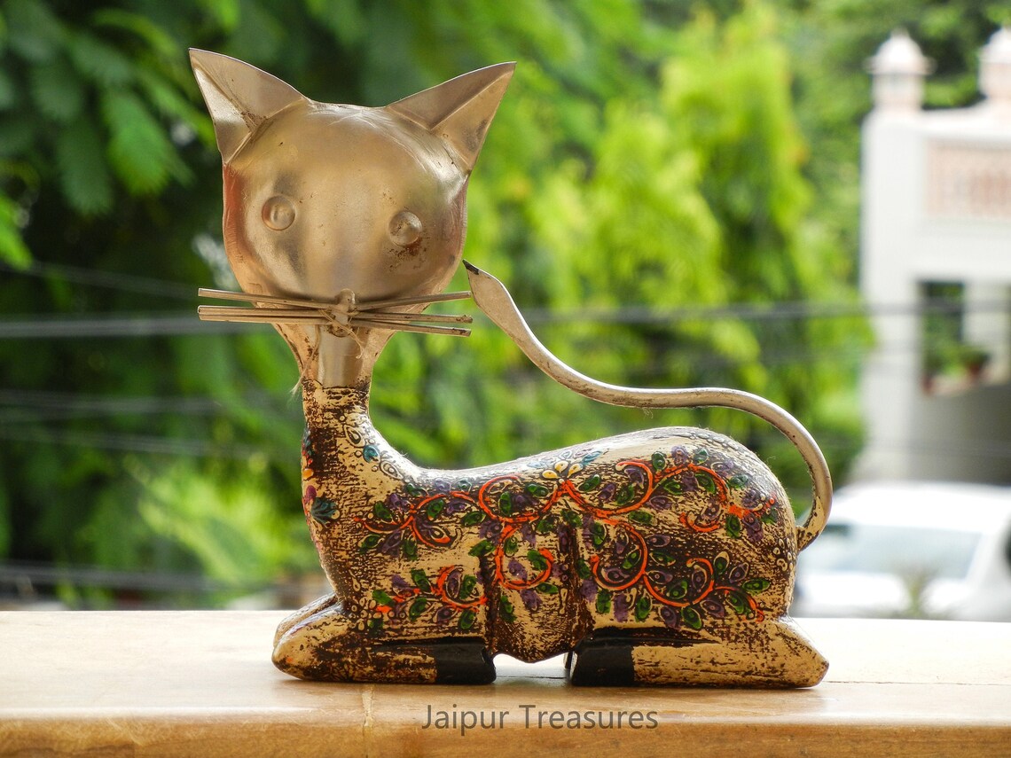 Wooden & Metal Sitting Cat Statue Figure Showpiece Ethnic - Etsy