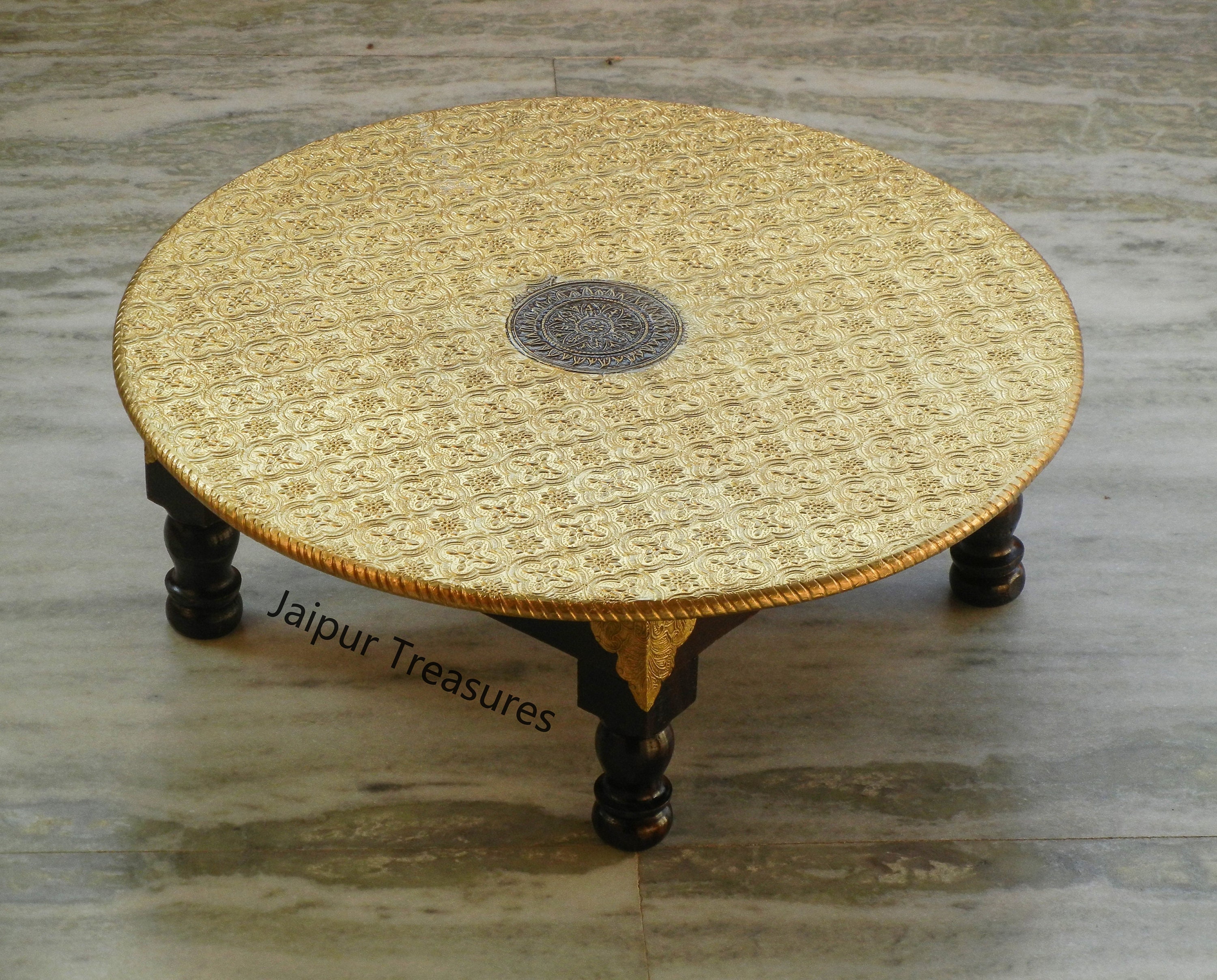 Wooden and Brass Round Chowki Bajot Footstool Table Bed - Etsy
