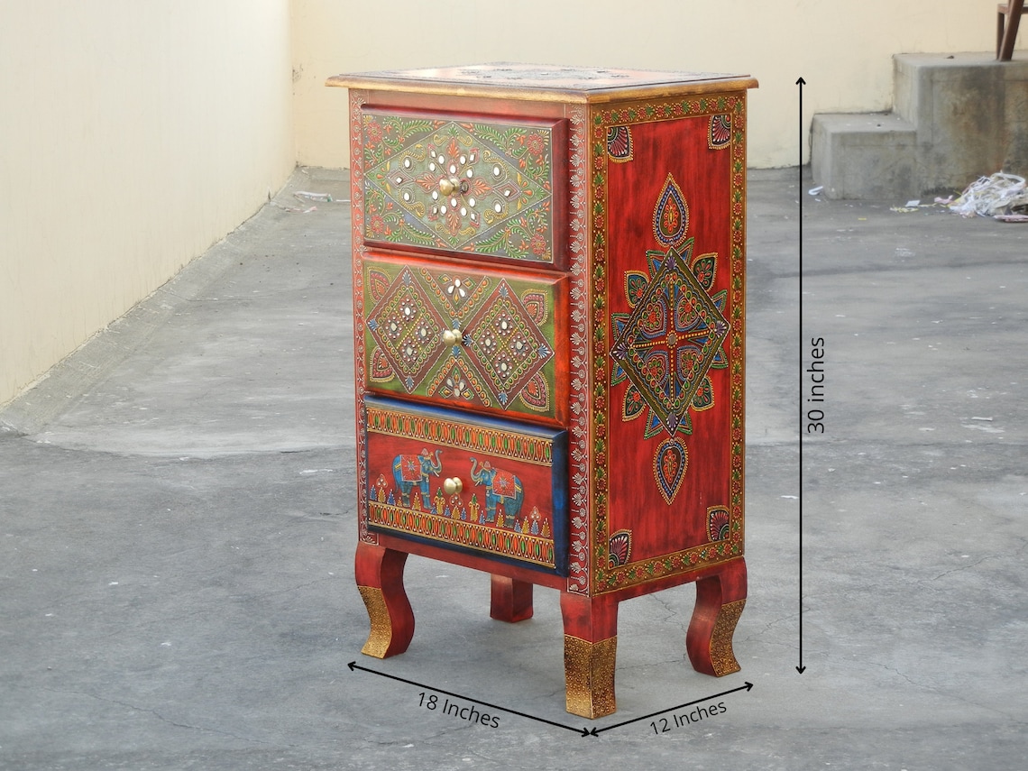 Wooden Indian Bedside Table With 3 Drawers Nightstand Side - Etsy