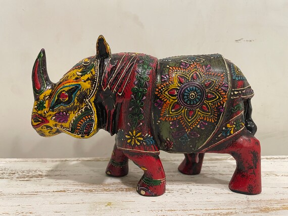 Wooden Rhinoceros Statue Figure Showpiece Home Decor | Etsy