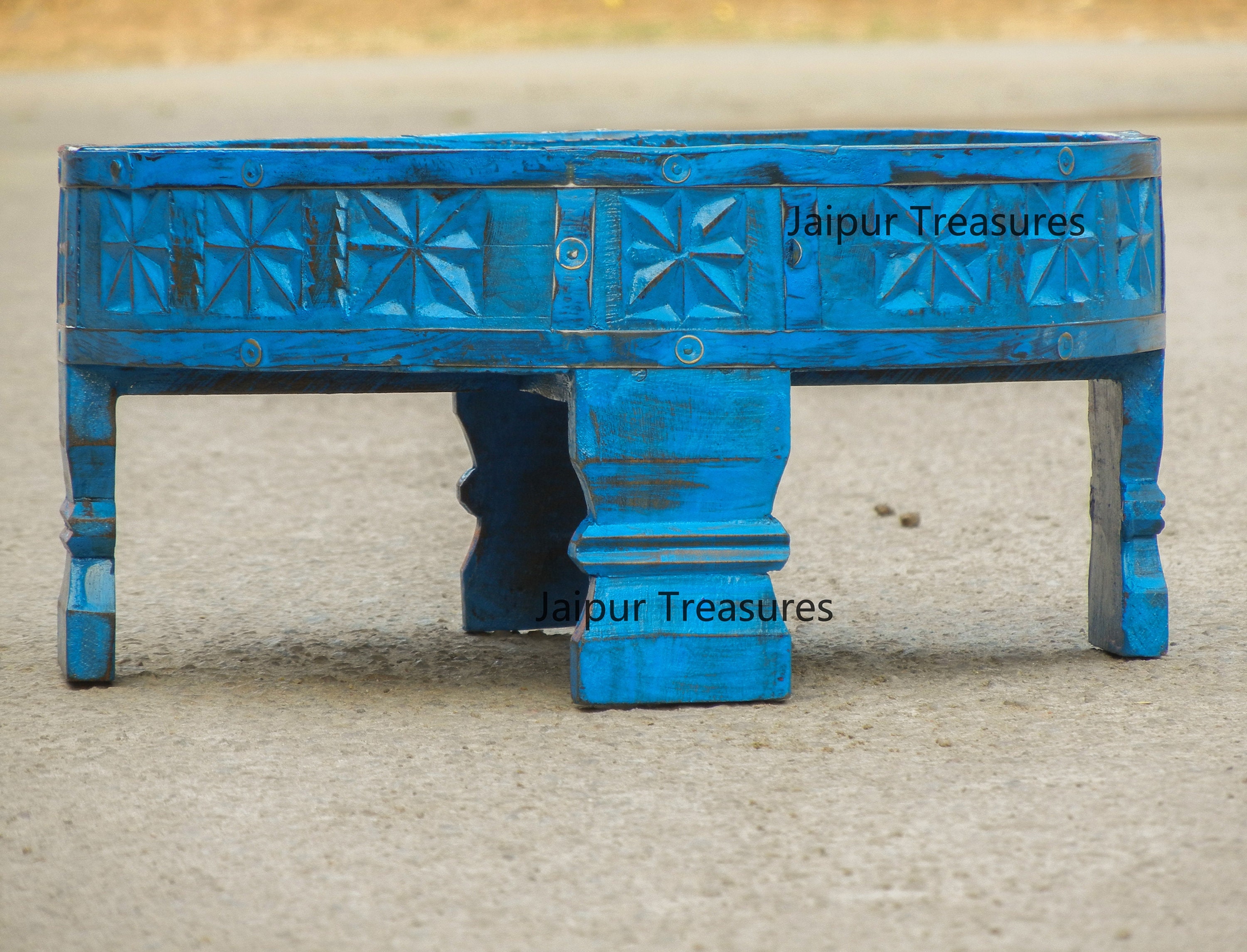 Wooden Chakki Table Coffee Table - Round Side Mill Table With Distress ...