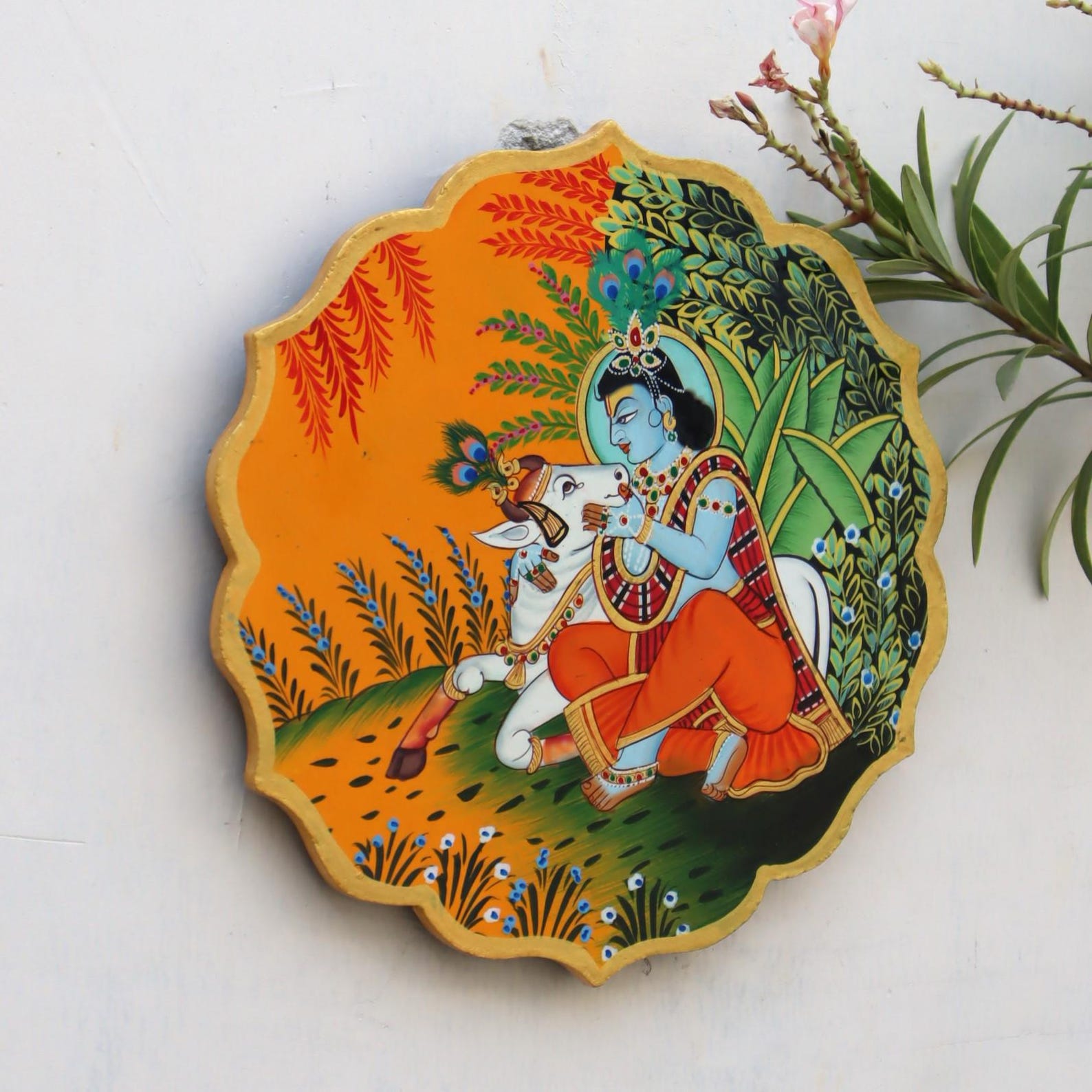 Wooden Krishna Wall Plates Set of 2, Handmade Indian Pichwai Style ...