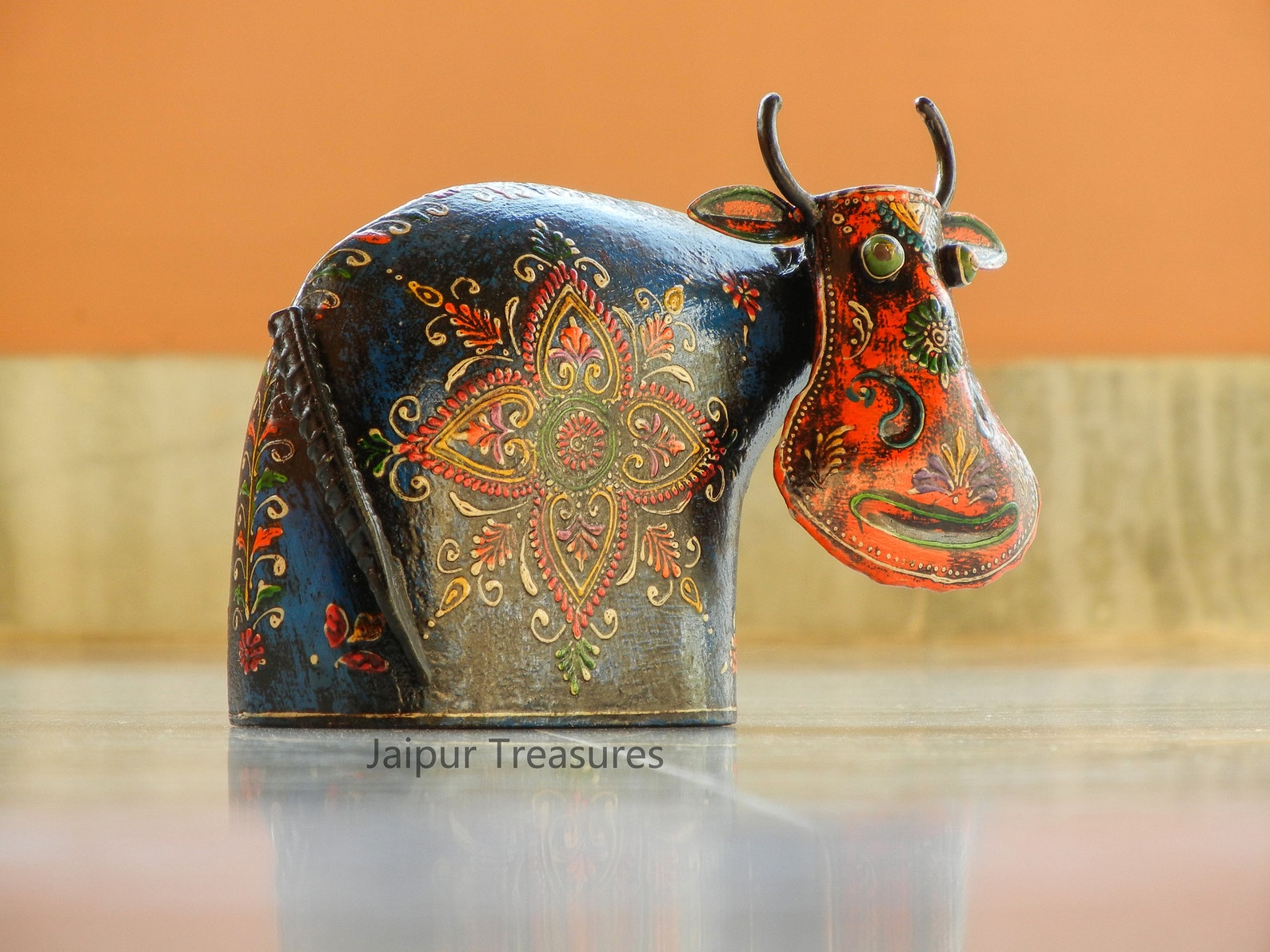 Wooden & Metal Sitting Cow Statue Figure Showpiece Ethnic - Etsy