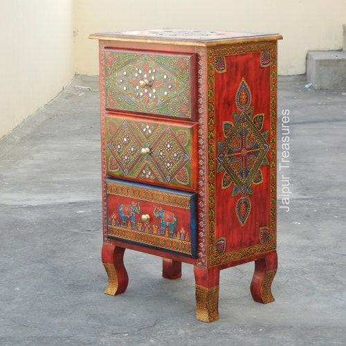 Wooden Indian Bedside Table With 3 Drawers Nightstand Side - Etsy