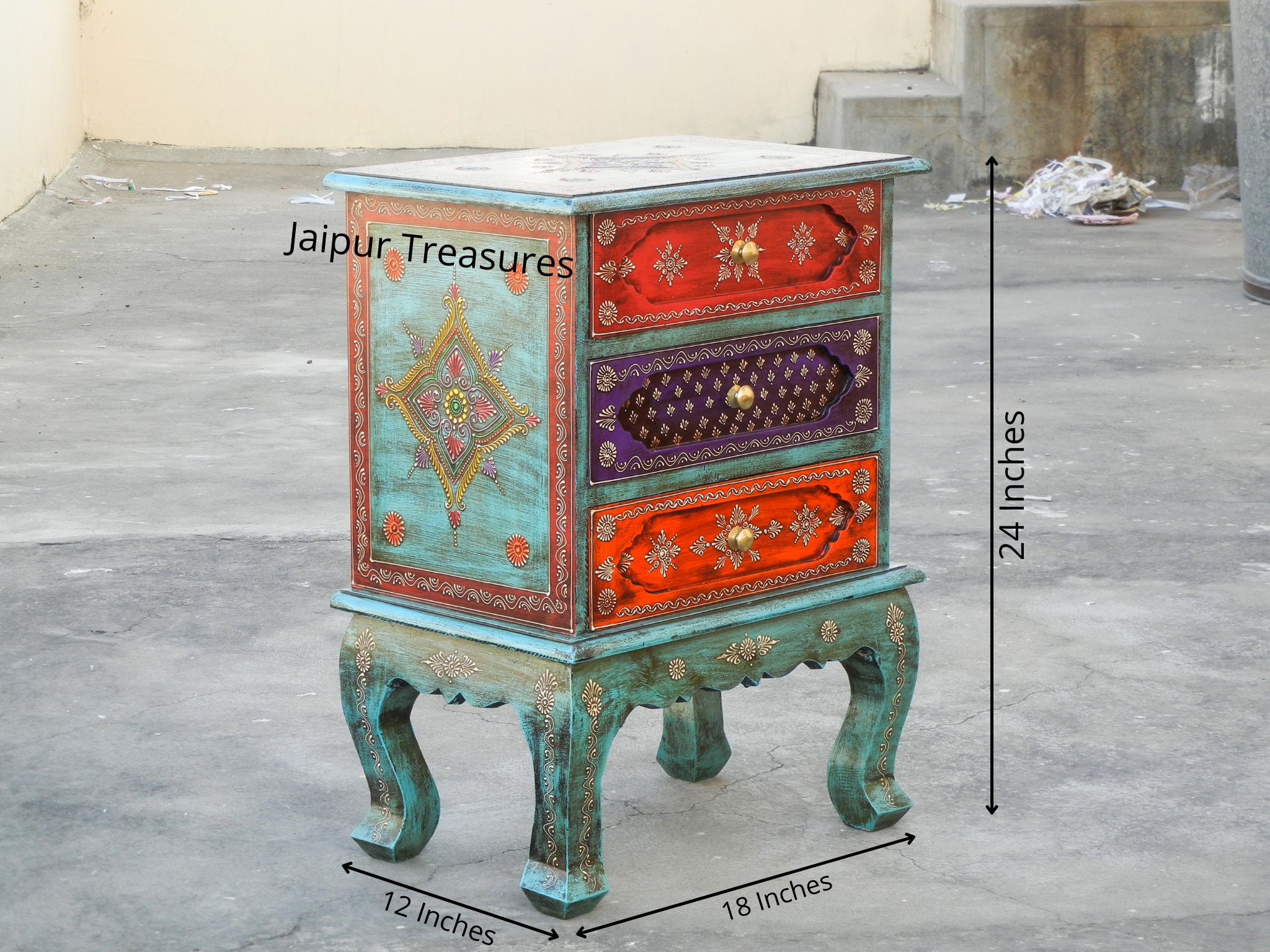 Wooden Indian Bedside Table With 3 Drawers Nightstand Side - Etsy