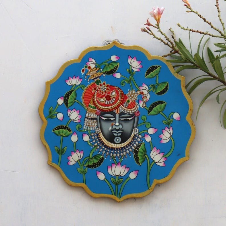 Wooden Krishna Wall Plates Set of 2, Handmade Indian Pichwai Style ...