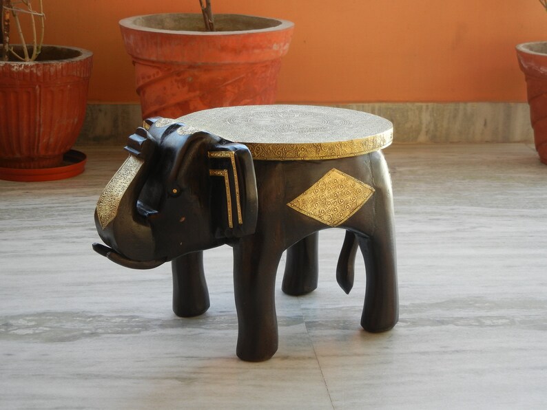Wooden & Brass Elephant Stool Side Table End Table - Etsy