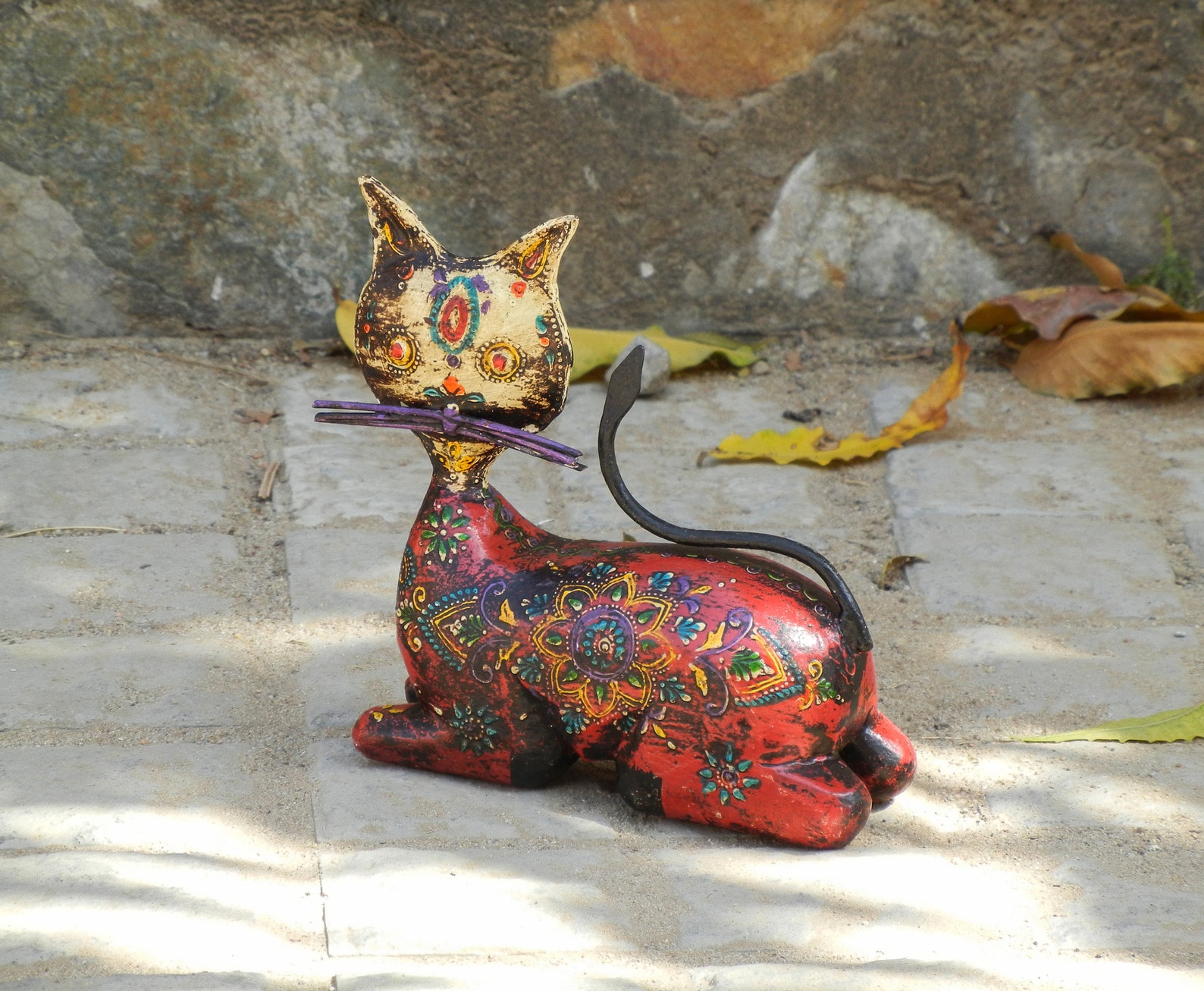 Wooden & Metal Sitting Cat Statue Figure Showpiece Ethnic - Etsy