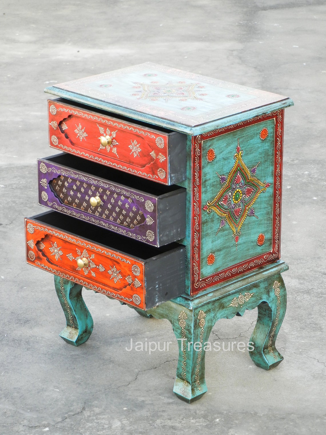 Wooden Indian Bedside Table With 3 Drawers Nightstand Side | Etsy