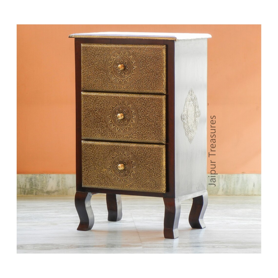 Wooden & Brass 3 Chest of Drawer,bedside Table, Storage Table, Drawer ...