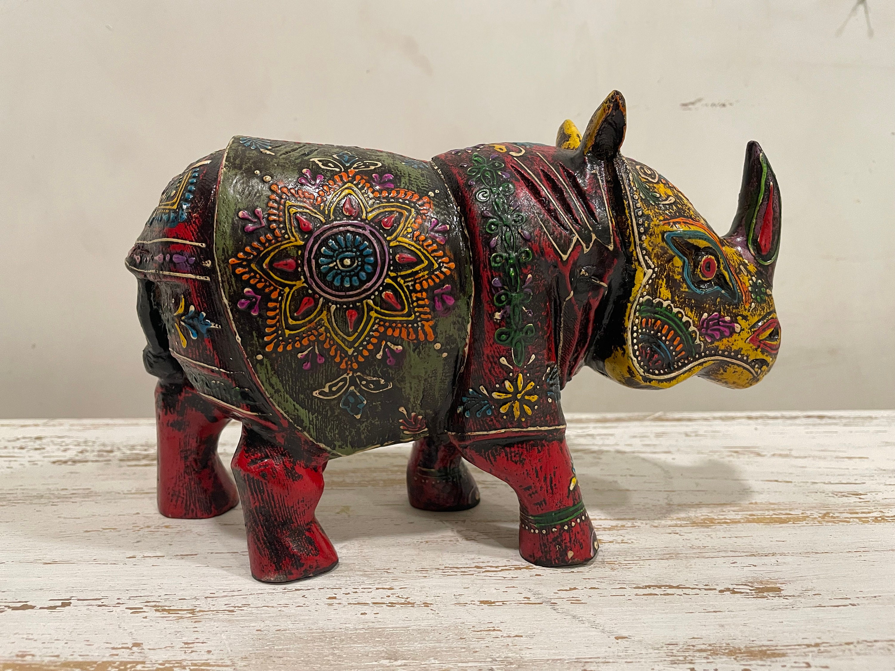 Wooden Rhinoceros Statue Figure Showpiece Home Decor | Etsy