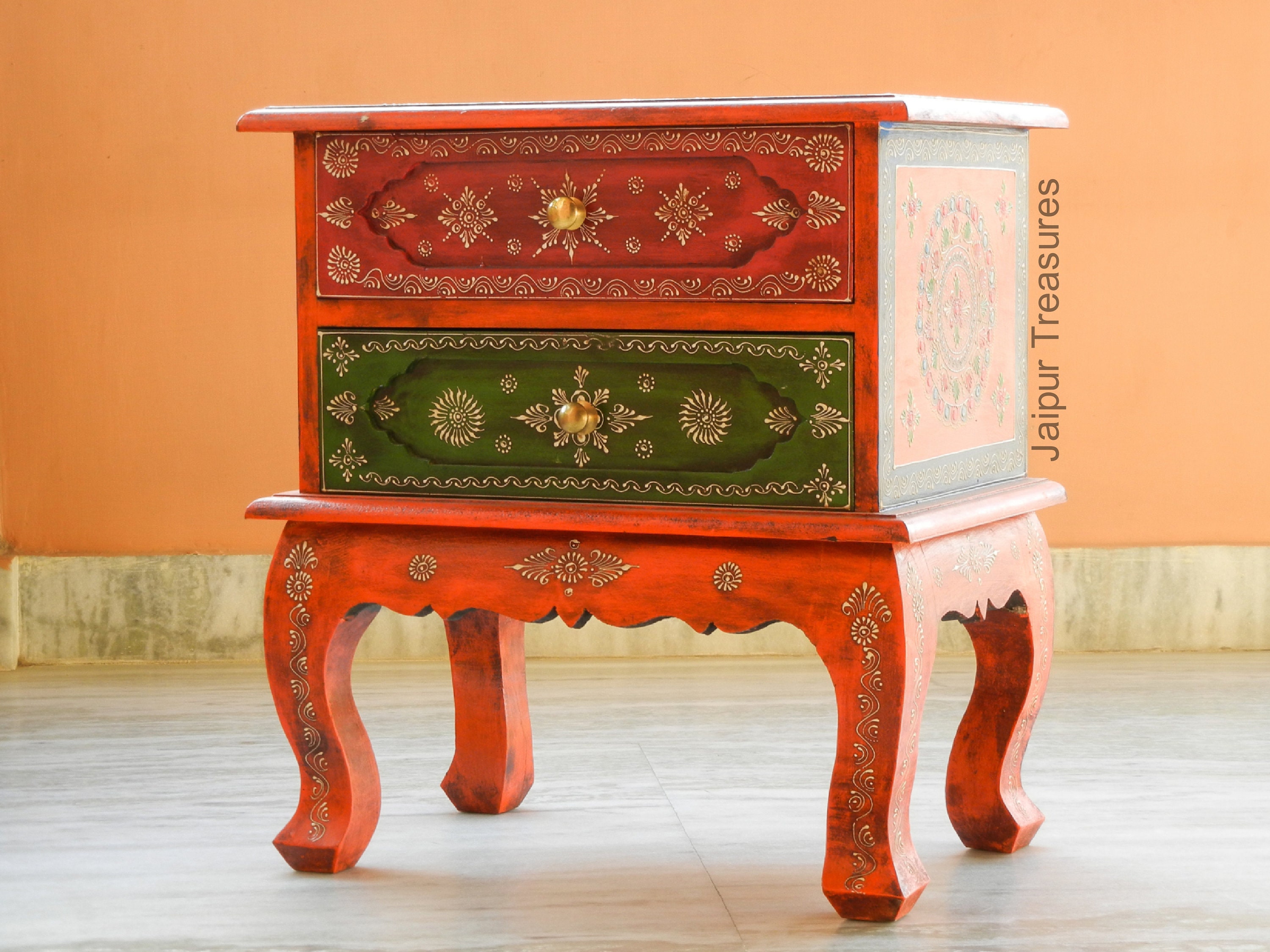 Wooden Handmade Hand Painted Colorful Indian Ethnic Bedside Table ...