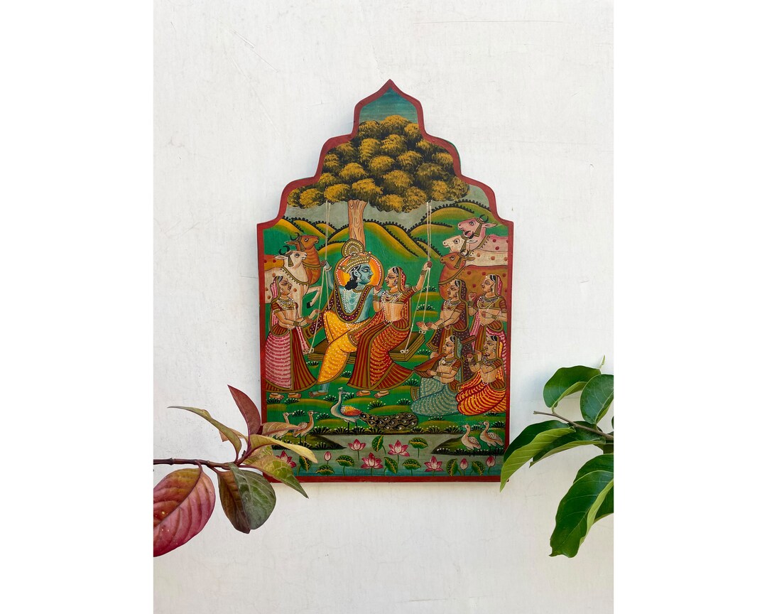 Wooden Lord Krishna Painting Wall Panel - Handmade Hand Painted ...