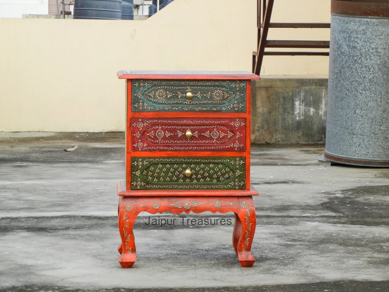 Wooden Indian Bedside Table With 3 Drawers Nightstand Side - Etsy