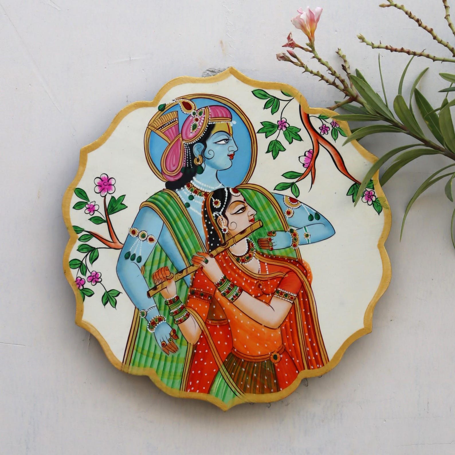 Wooden Krishna Wall Plates Set of 2, Handmade Indian Pichwai Style ...