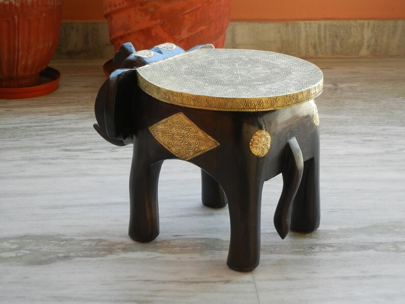 Wooden & Brass Elephant Stool Side Table End Table - Etsy