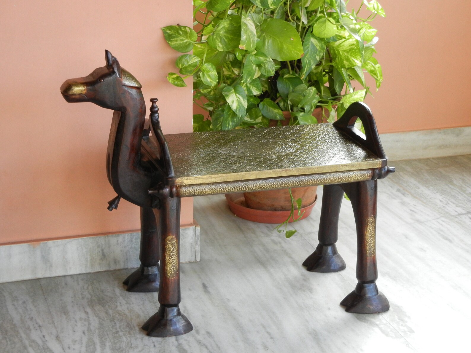 Wooden & Brass Camel Bench, Pouffe, Ottoman, Low Seat, Stool, Footstool ...