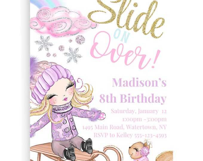Sledding Birthday Party Invitation, Girl Ice Skating Invite, Winter ...