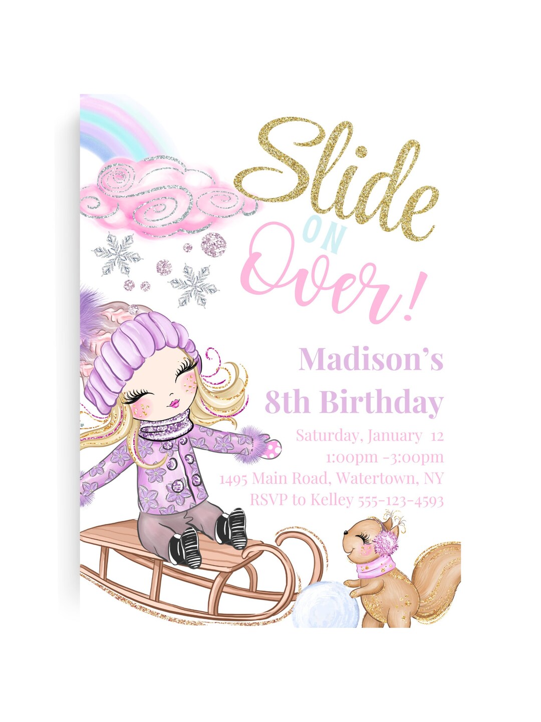 Sledding Birthday Party Invitation, Girl Ice Skating Invite, Winter ...