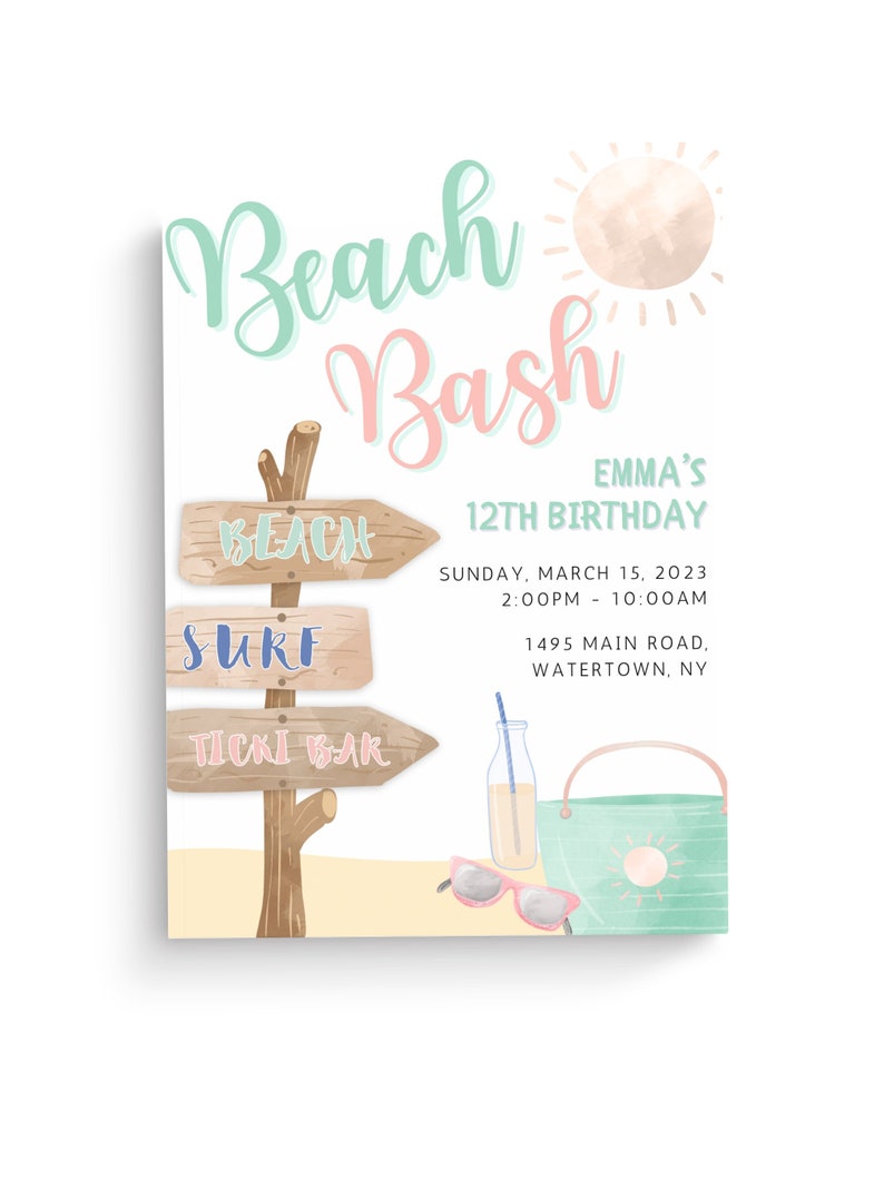 Beach Party Invitation Editable Girl Summer Birthday Invite Template ...