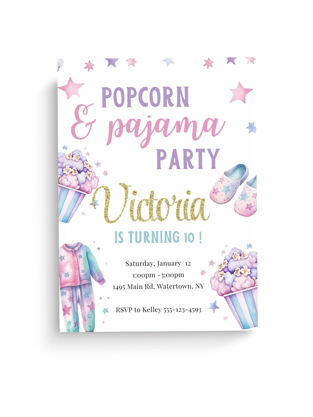 Editable Popcorn and Pajamas Birthday Invitation Movie Night, Girls ...