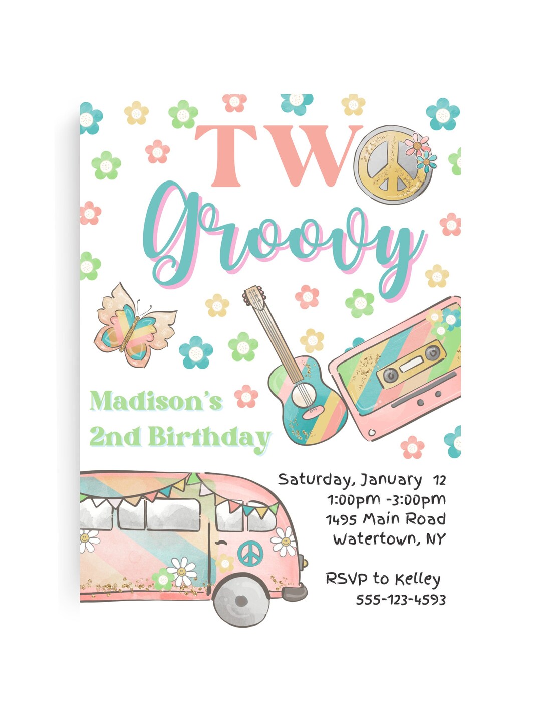 Two Groovy Invitation Template Retro 2nd Birthday Party Hippie 70s ...
