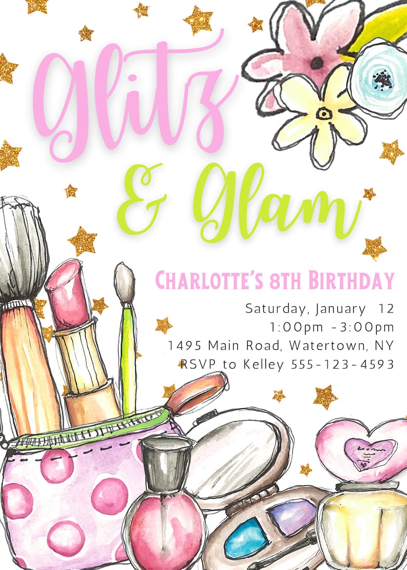 Editable Makeup Invitation, Makeover Birthday Party, Glamour Birthday ...