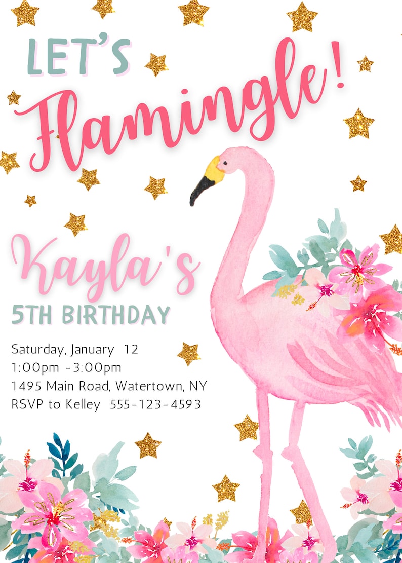 Flamingo Let's FLAMINGLE Theme Girl Birthday Invitation, Pink and Gold ...