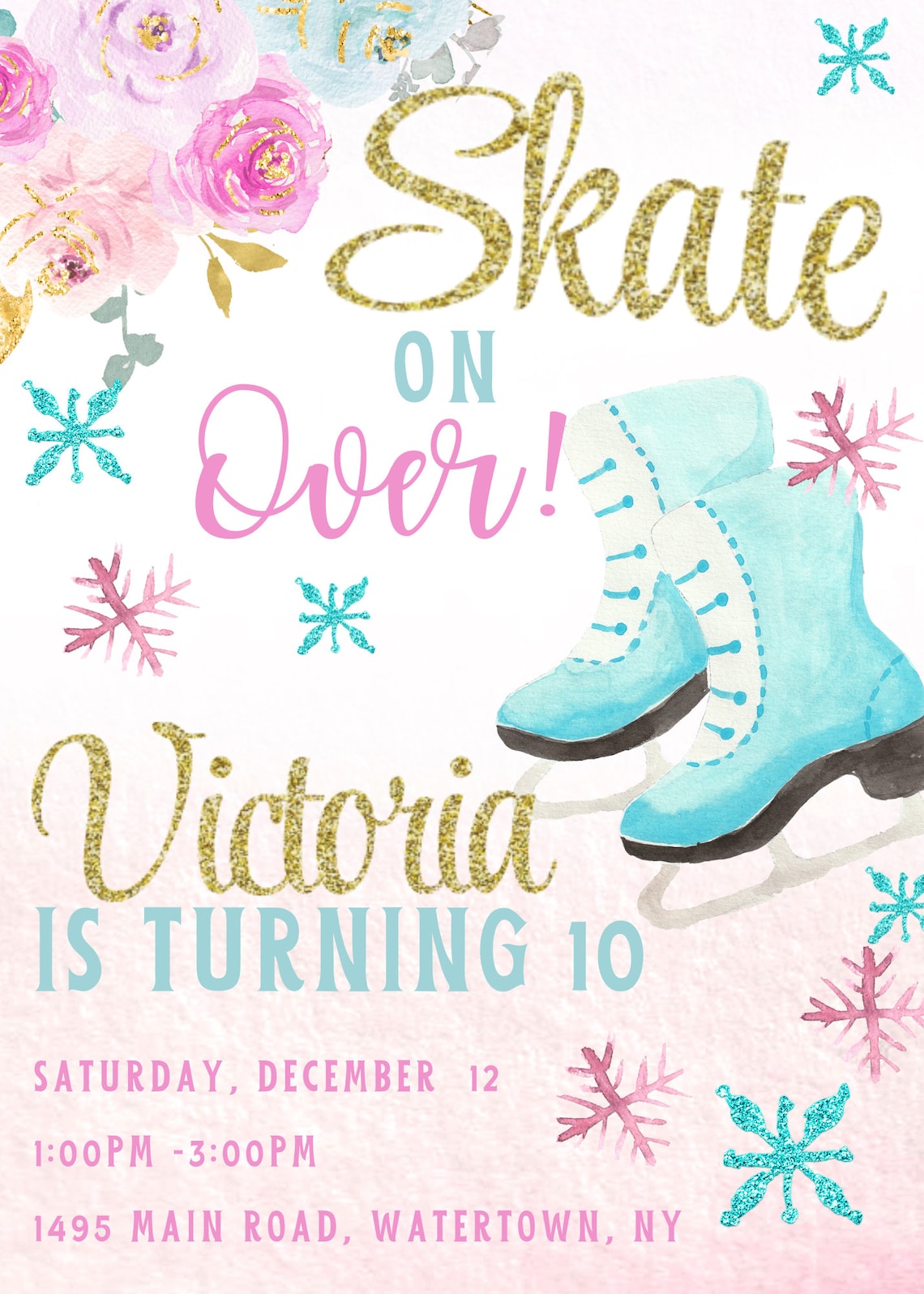 Ice Skate Birthday Party Invitation, Girl Ice Skating Invite, Winter ...