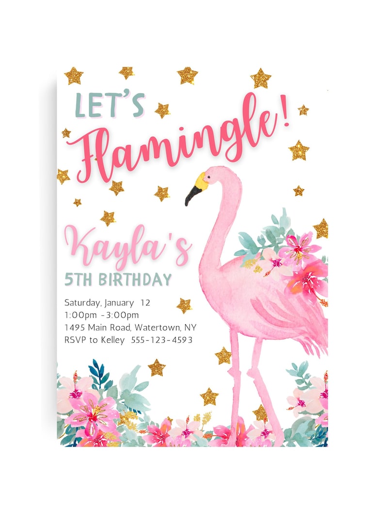 Flamingo Let's FLAMINGLE Theme Girl Birthday Invitation, Pink and Gold ...