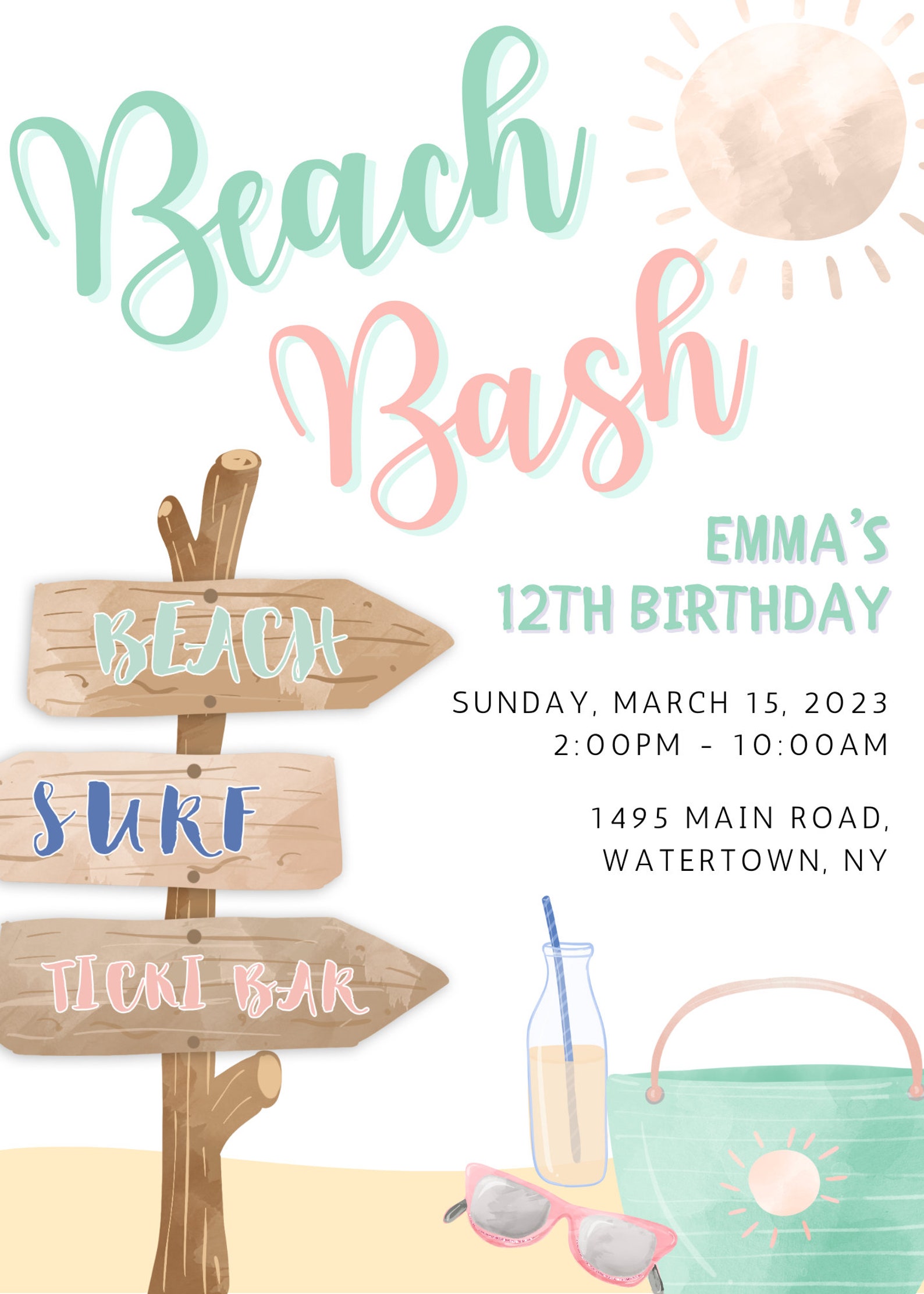 Beach Party Invitation Editable Girl Summer Birthday Invite Template ...