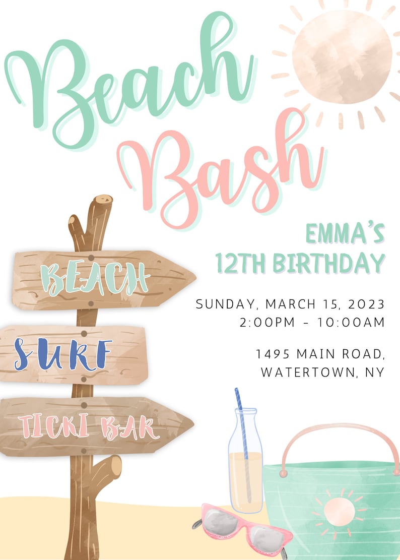 Beach Party Invitation Editable Girl Summer Birthday Invite Template ...