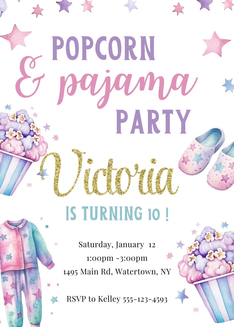 Editable Popcorn and Pajamas Birthday Invitation Movie Night, Girls ...
