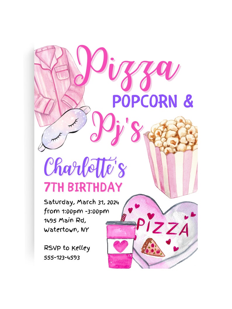 Pizza Popcorn and Pajamas Birthday Invitation Movie Night, Girls ...