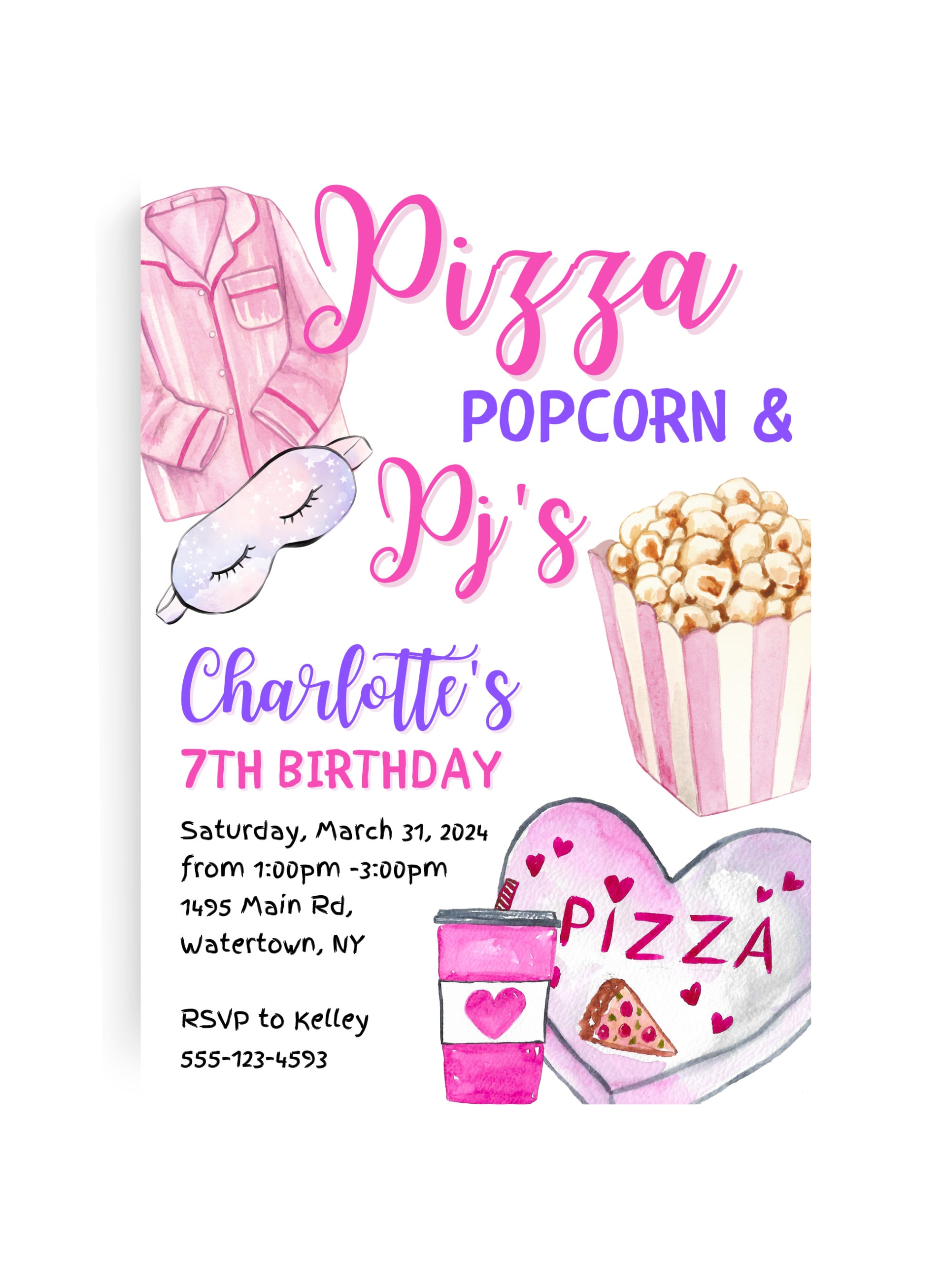 Pizza Popcorn and Pajamas Birthday Invitation Movie Night, Girls ...