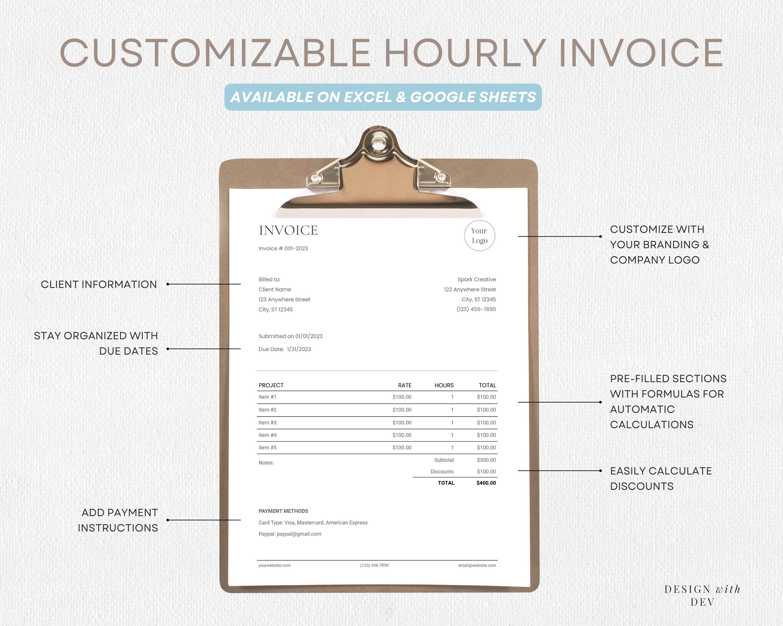 Hourly Invoice Template With Logo, Editable Spreadsheet for Small ...