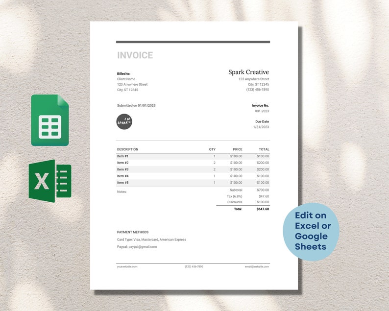 Invoice Template With Logo, Editable Spreadsheet for Small Business ...